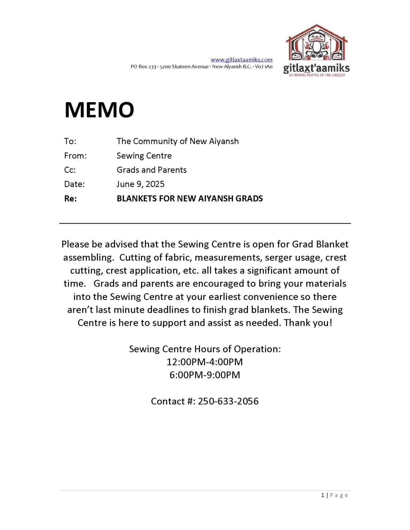 MEMO | Blankets for New Aiyansh Grads – gitlaxtaamiks.com